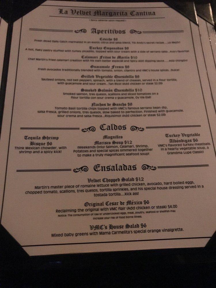 Menu at La Velvet Margarita Cantina pub & bar, Los Angeles