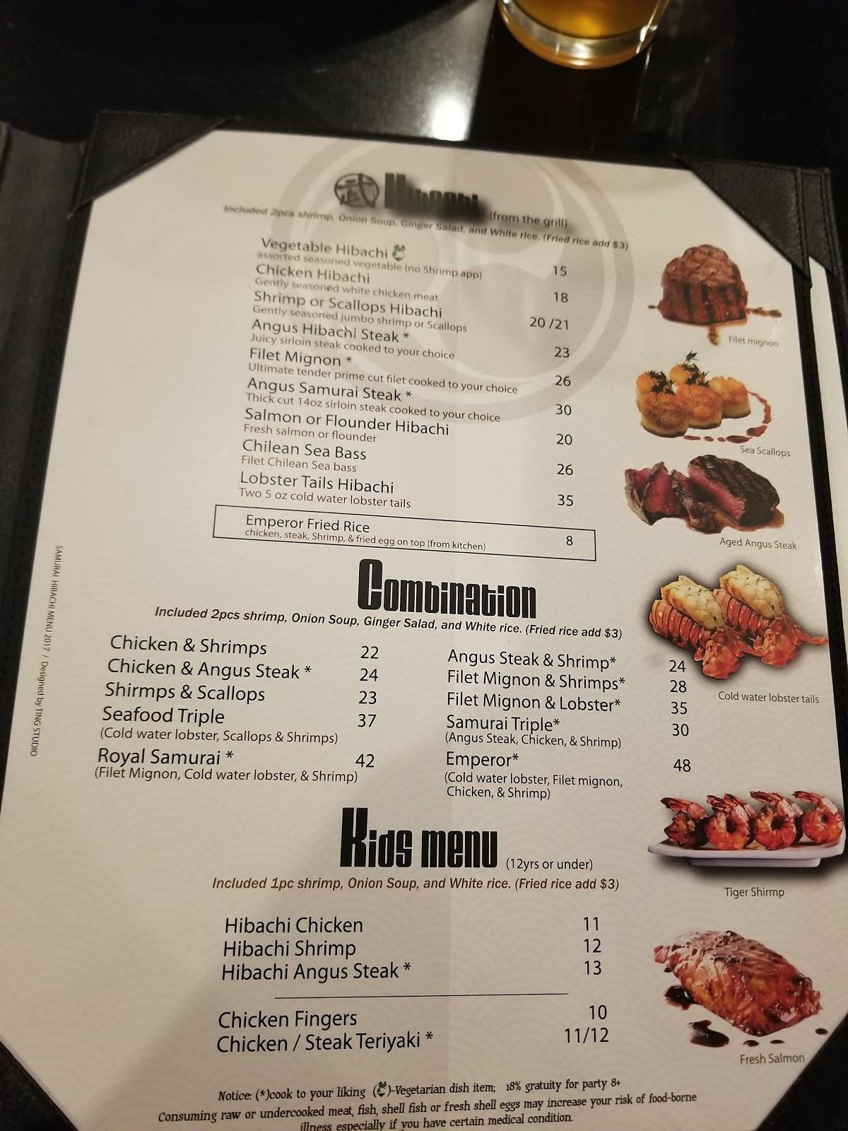 Menu at Samurai Hibachi restaurant, Huntington