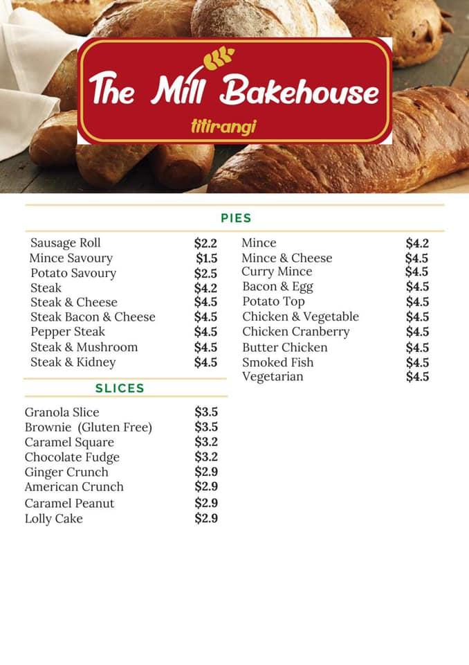Menu at The Mill Bakehouse cafe, Auckland