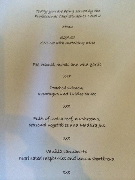 Menu at Vincent Rooms restaurant, London, 76 Vincent Square