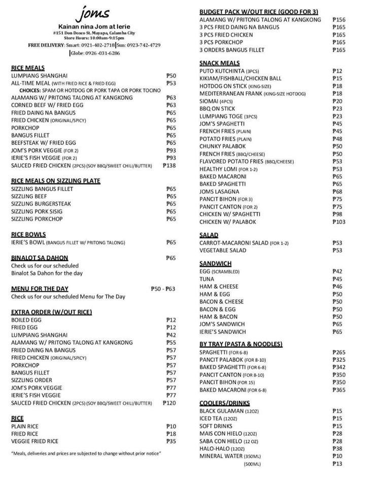 Menu at joms( Kainan Nina jom At ierie) restaurant, Calamba