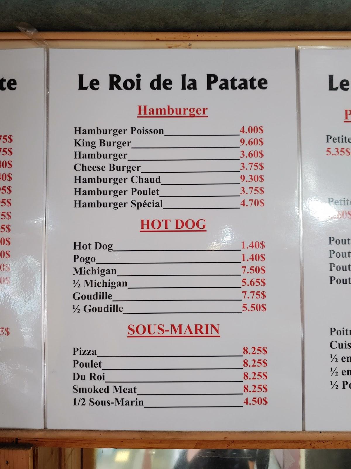 Menu at Le Roi de la Patate restaurant, La Tuque