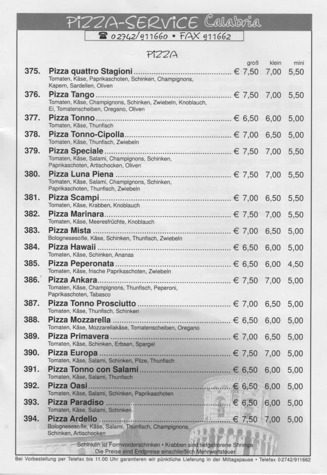 Menu at Pizzeria Calabria, Wissen