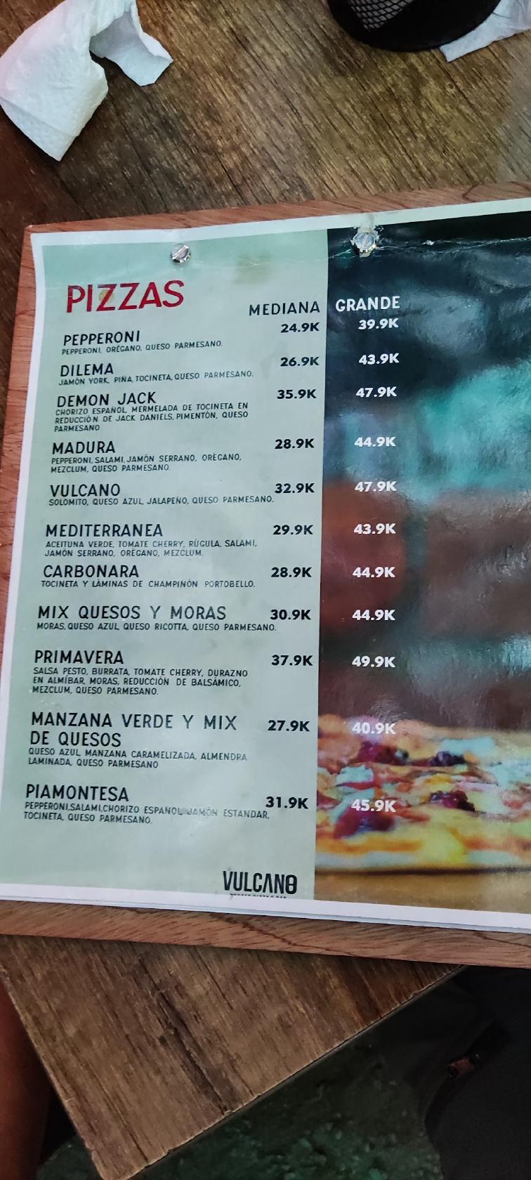 Menu at Vulcano Pizzeria, Medellín