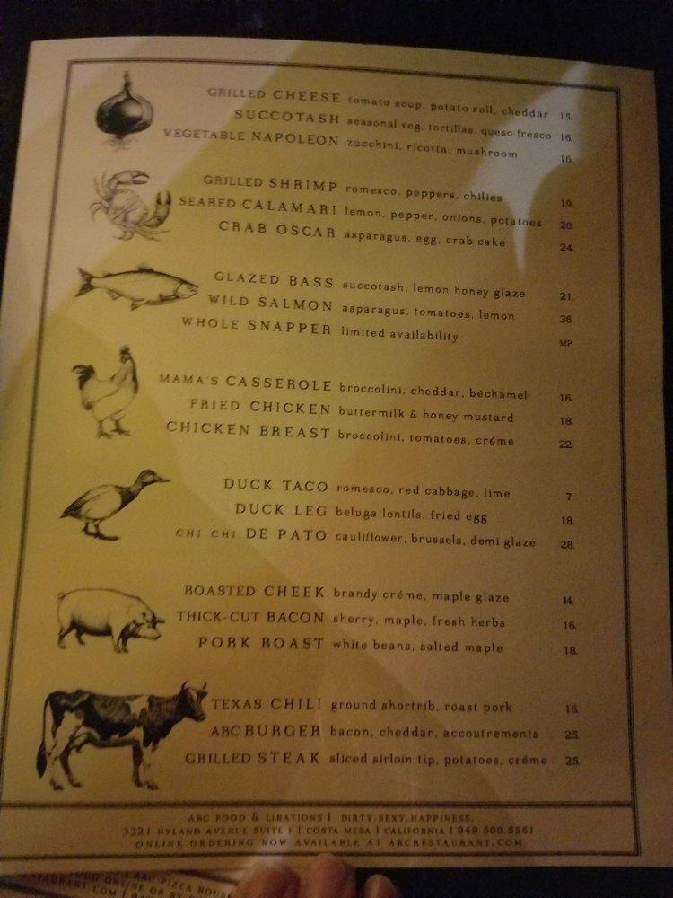 Menu at Arc Food & Libations pub & bar, Costa Mesa