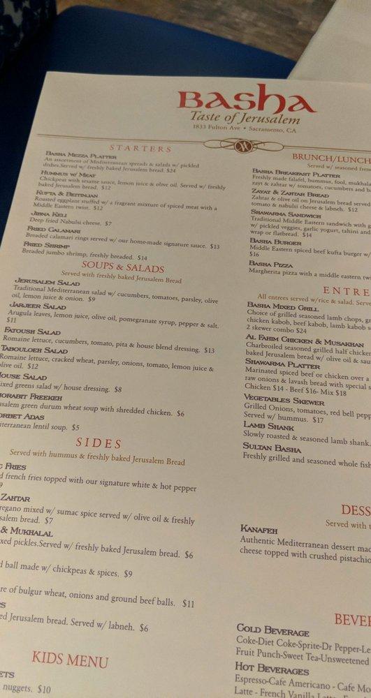Menu at Basha Taste of Jerusalem restaurant, Sacramento