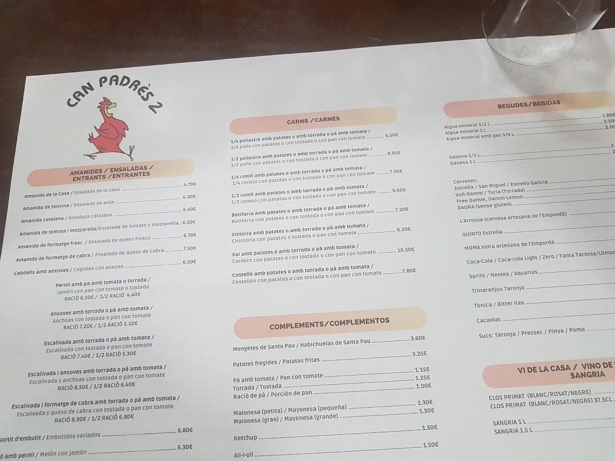 Carta del restaurante Can Padrès 2, Pals