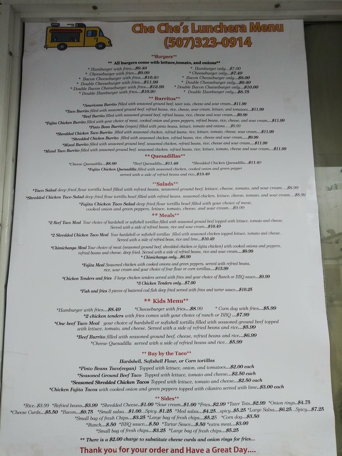 Menu at Che Che's Lunchera restaurant, Kenyon