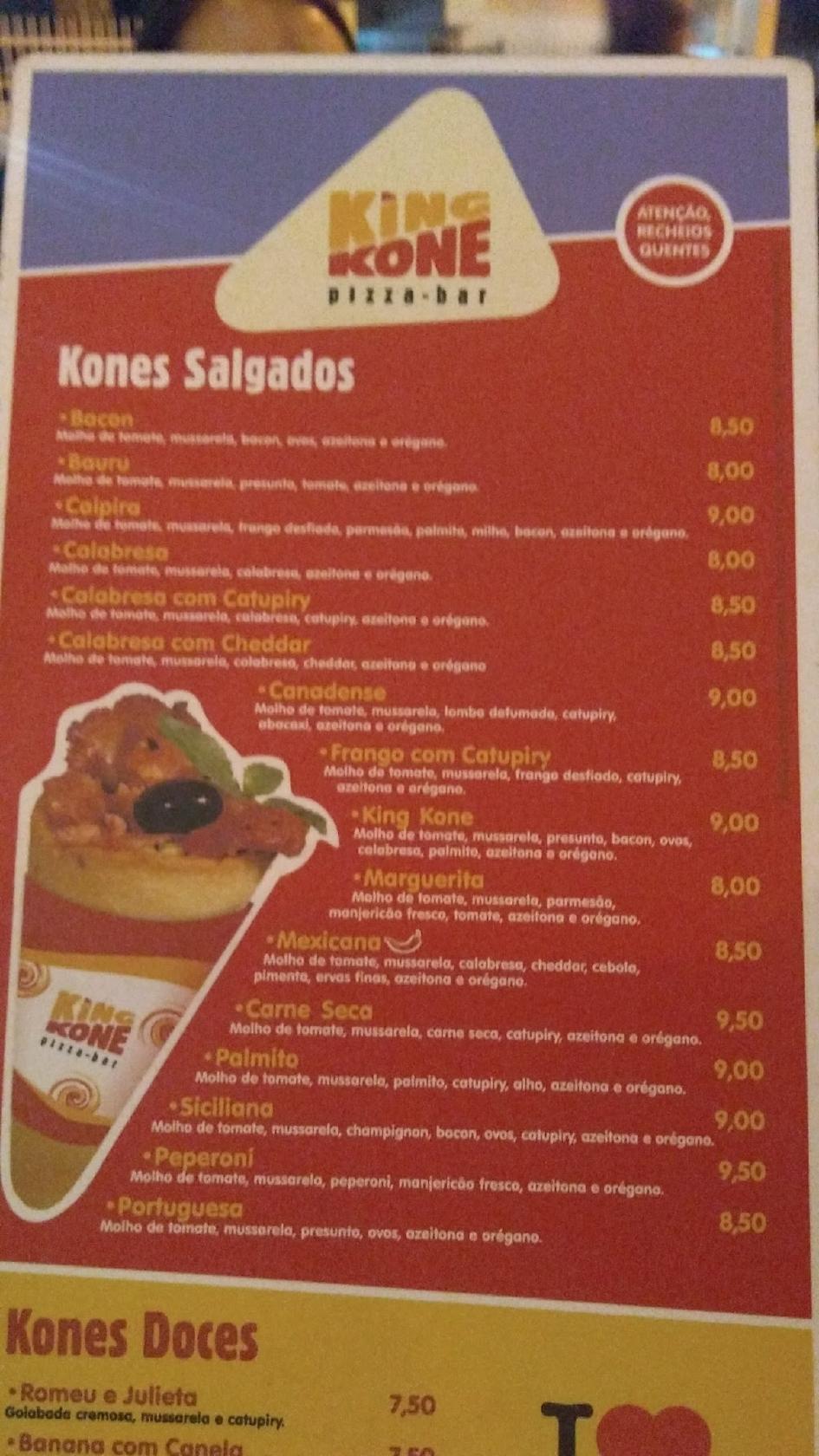 Menu at King Kone Pizza-Bar, Vitoria, Edifício Portinari - Av. Anísio ...