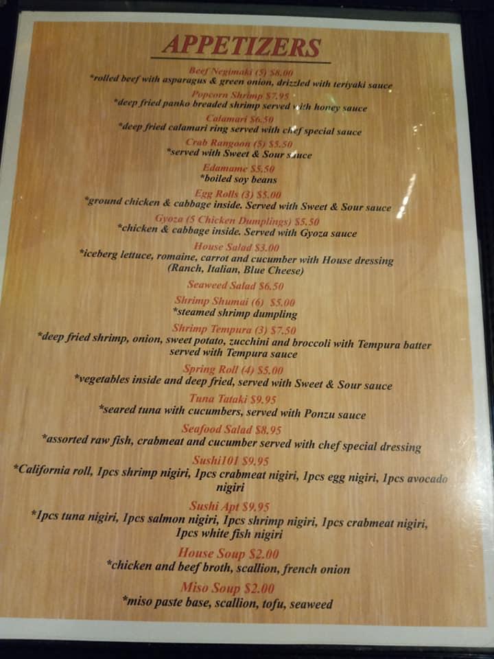 Menu at Peniku Japanese Hibachi Grill restaurant, Clinton