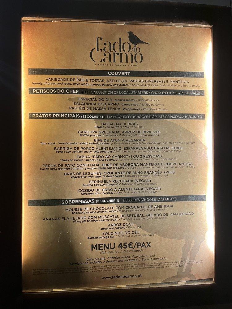 Menu at Restaurante Fado ao Carmo, Lisbon