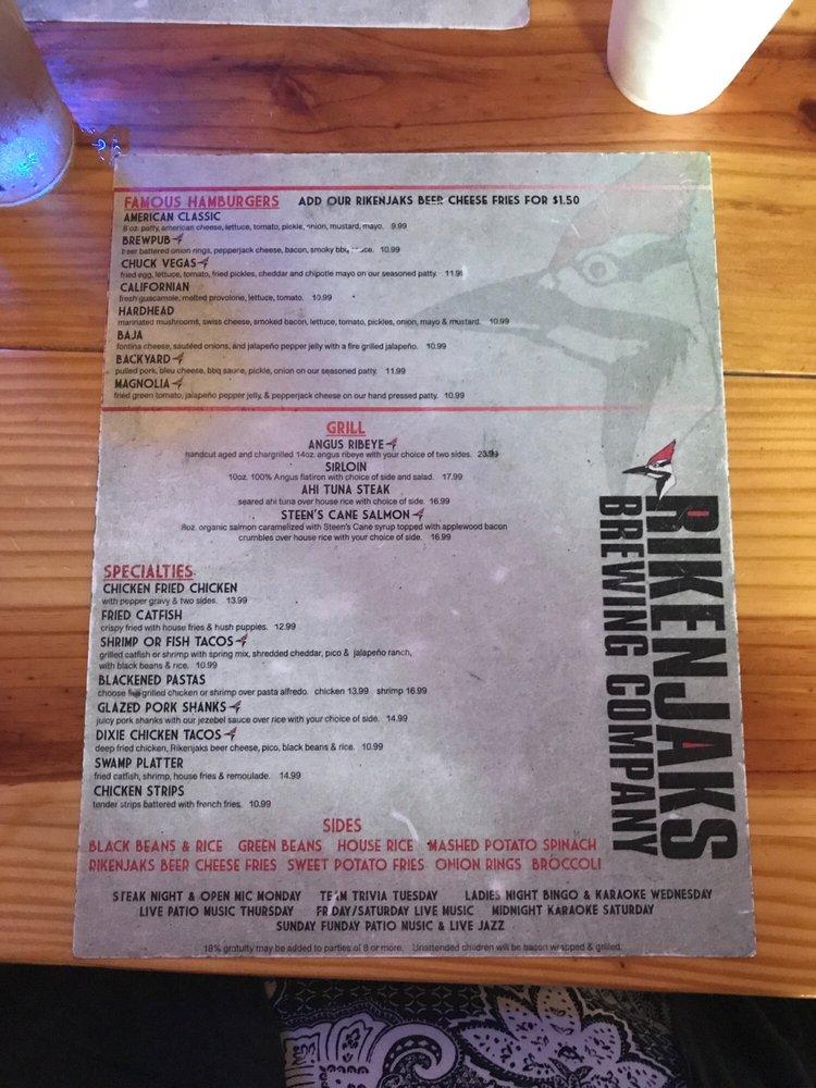 Menu at Rikenjaks Brewing Company restaurant, Lake Charles