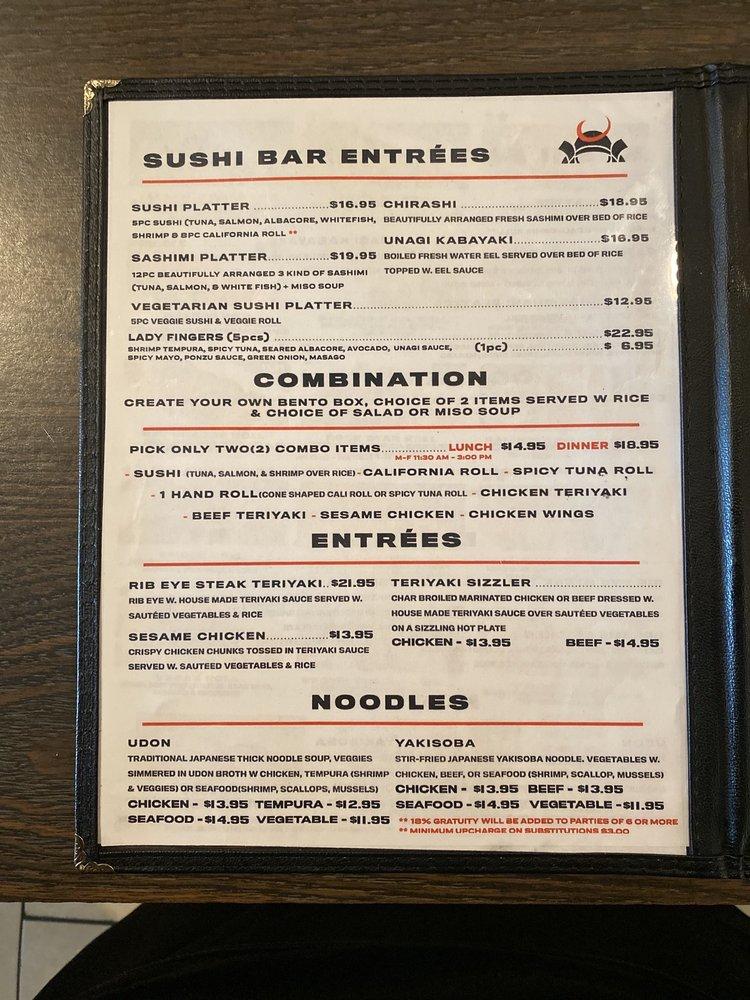 Carta de Samurai Sushi Bar, Hanford