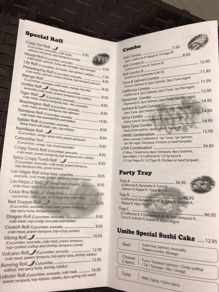 Menu at Sushi Umibe restaurant, Maple Ridge, 207 St
