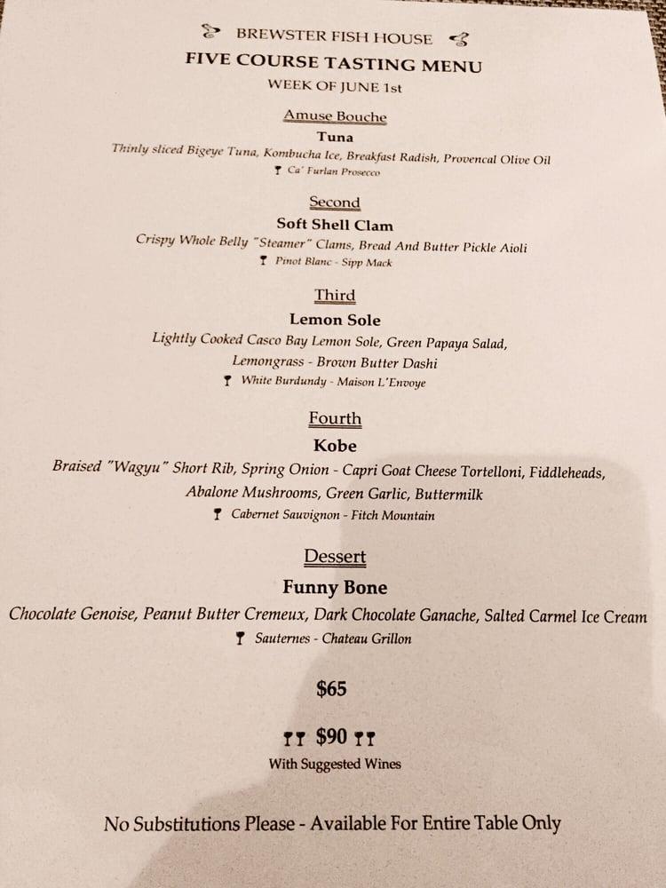 Menu at The Brewster Fish House restaurant, Brewster, Main St