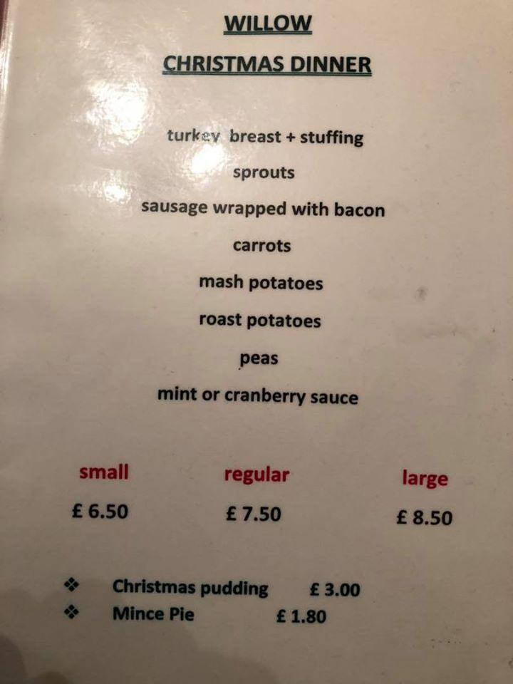 Menu at Willow Cafe, Llanelli