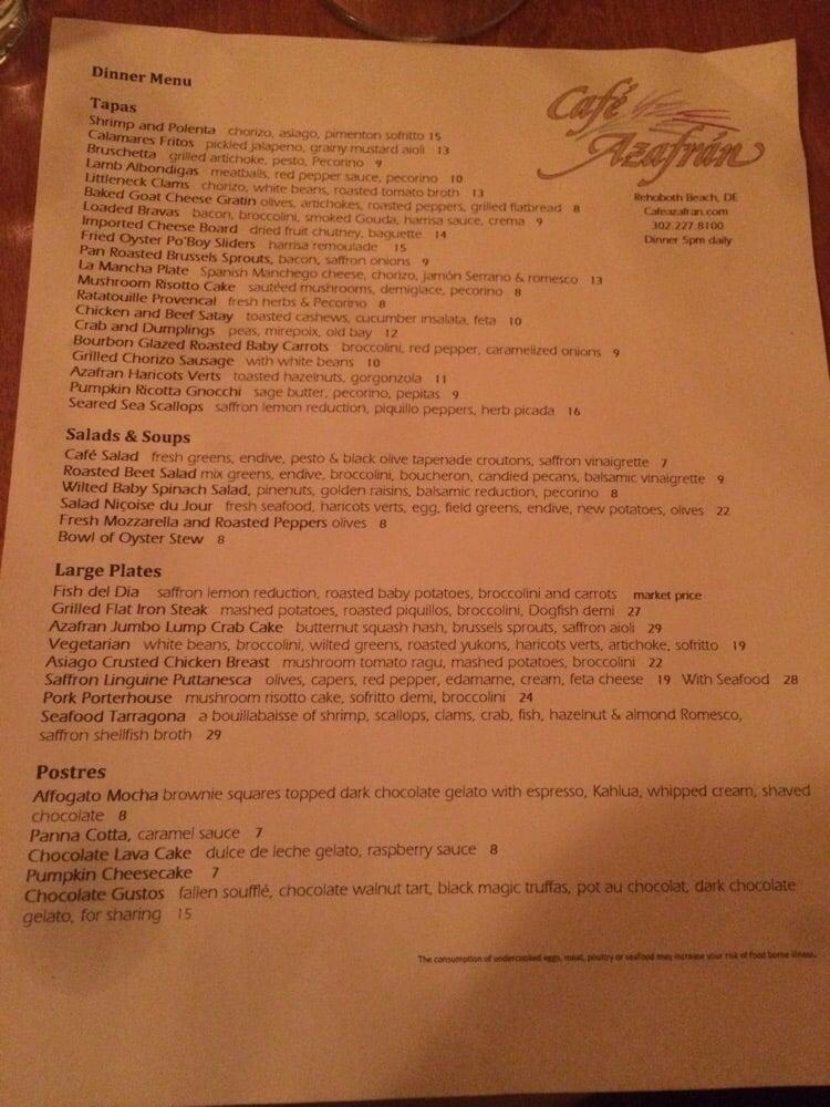 Menu at Cafe Azafran Rehoboth, Rehoboth Beach