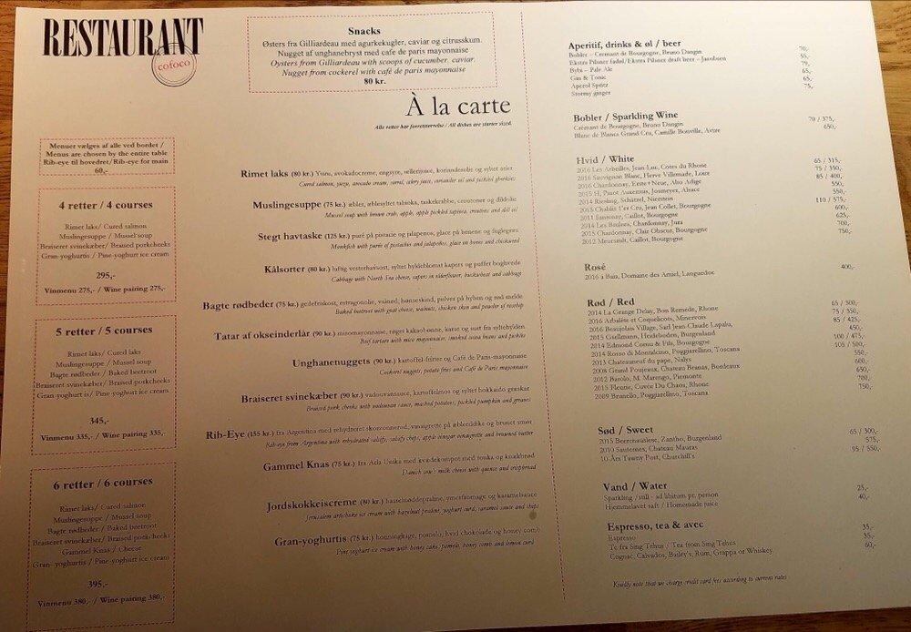 Menu at Cofoco restaurant, Copenhagen, Abel Cathrines Gade 7