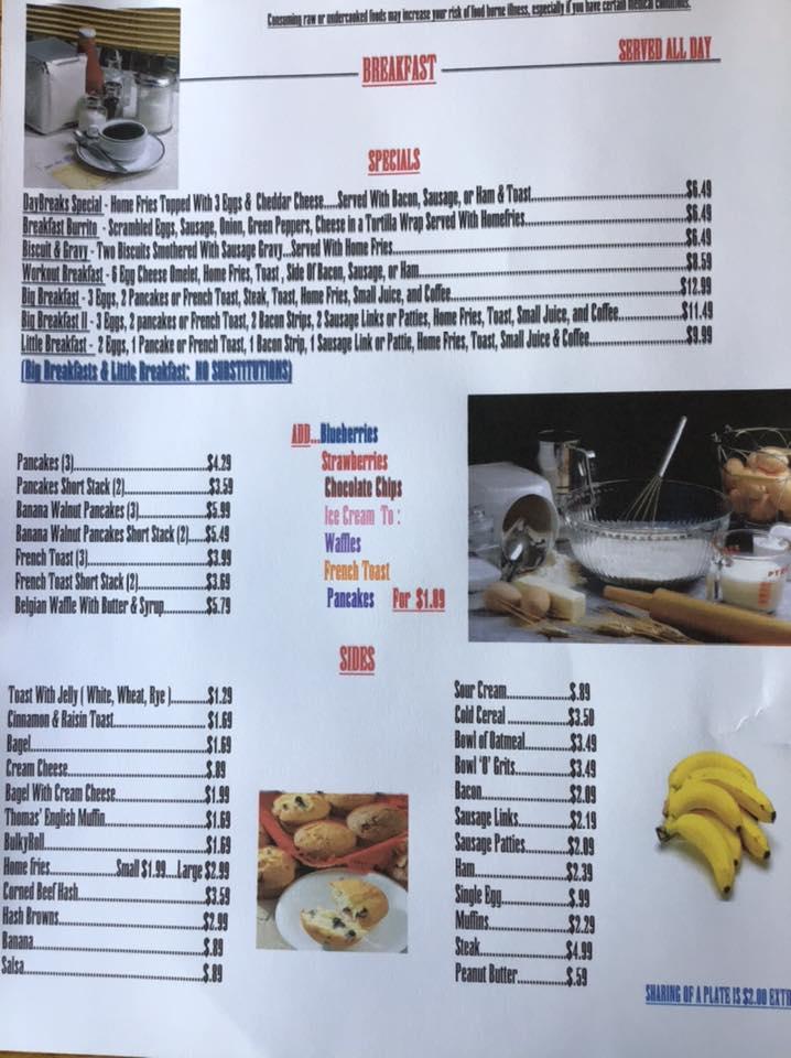 Menu at Day Breaks Diner, Plainfield