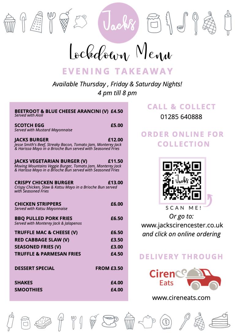 Menu at Jacks cafe, Cirencester