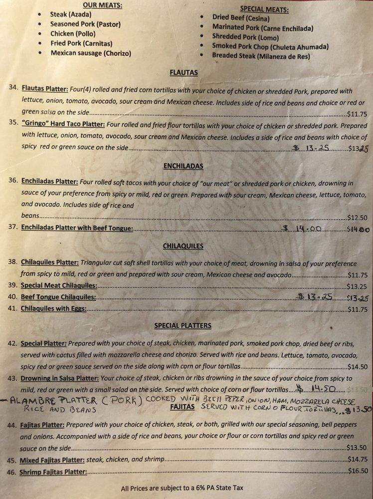 Menu at La Peña Mexicana restaurant, Kennett Square