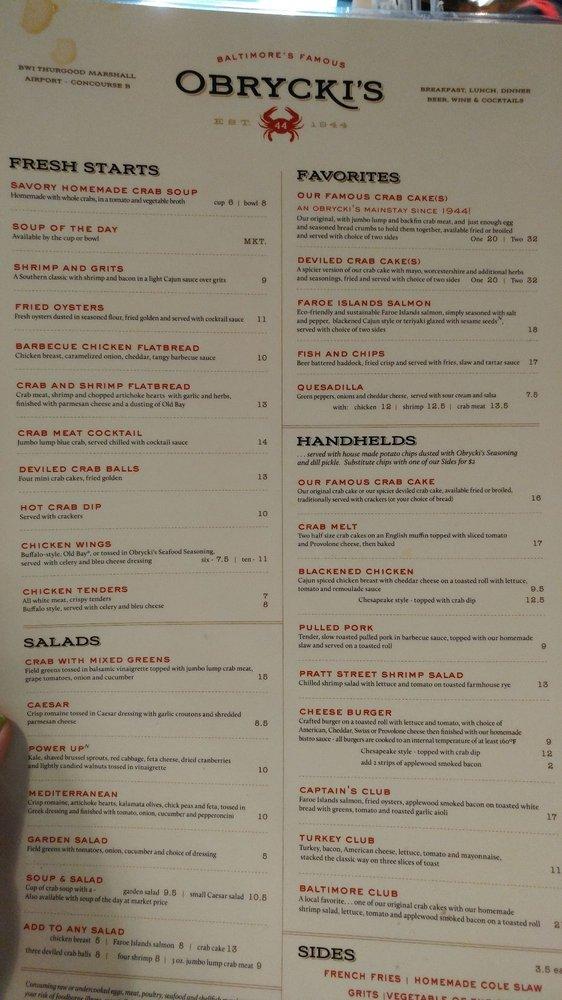 Menu at Obrycki's A-Bar, Baltimore