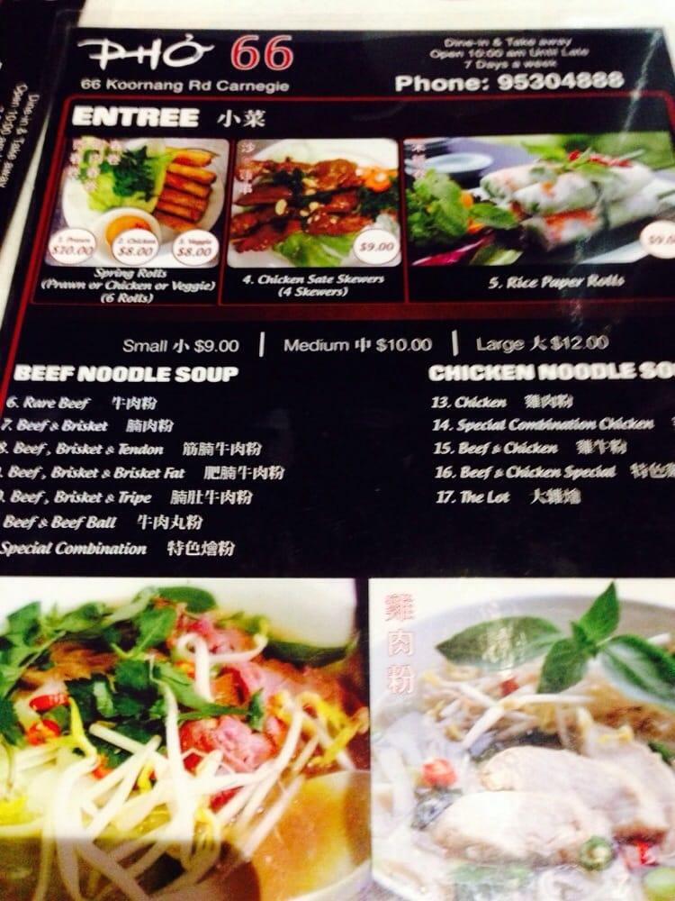 Menu at Pho 66 restaurant, Carnegie