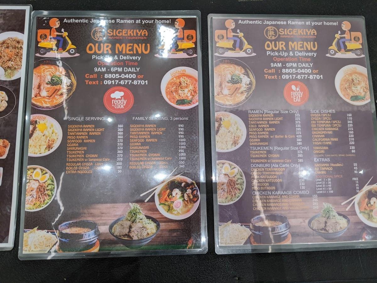 Menu at Sigekiya Ramen restaurant, Pasig