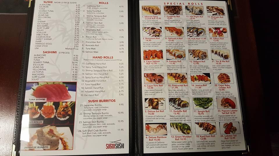 Menu at Sugoi Sushi restaurant, Beaumont