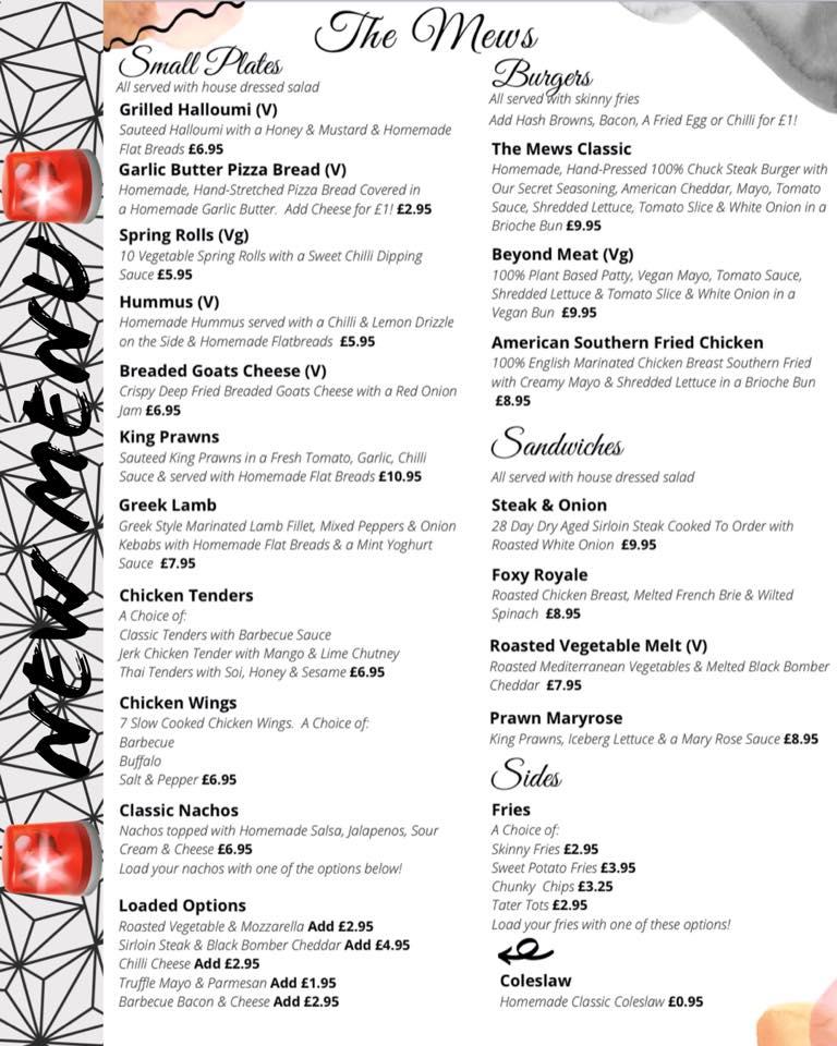 Menu at The Mews restaurant, Southend-on-Sea