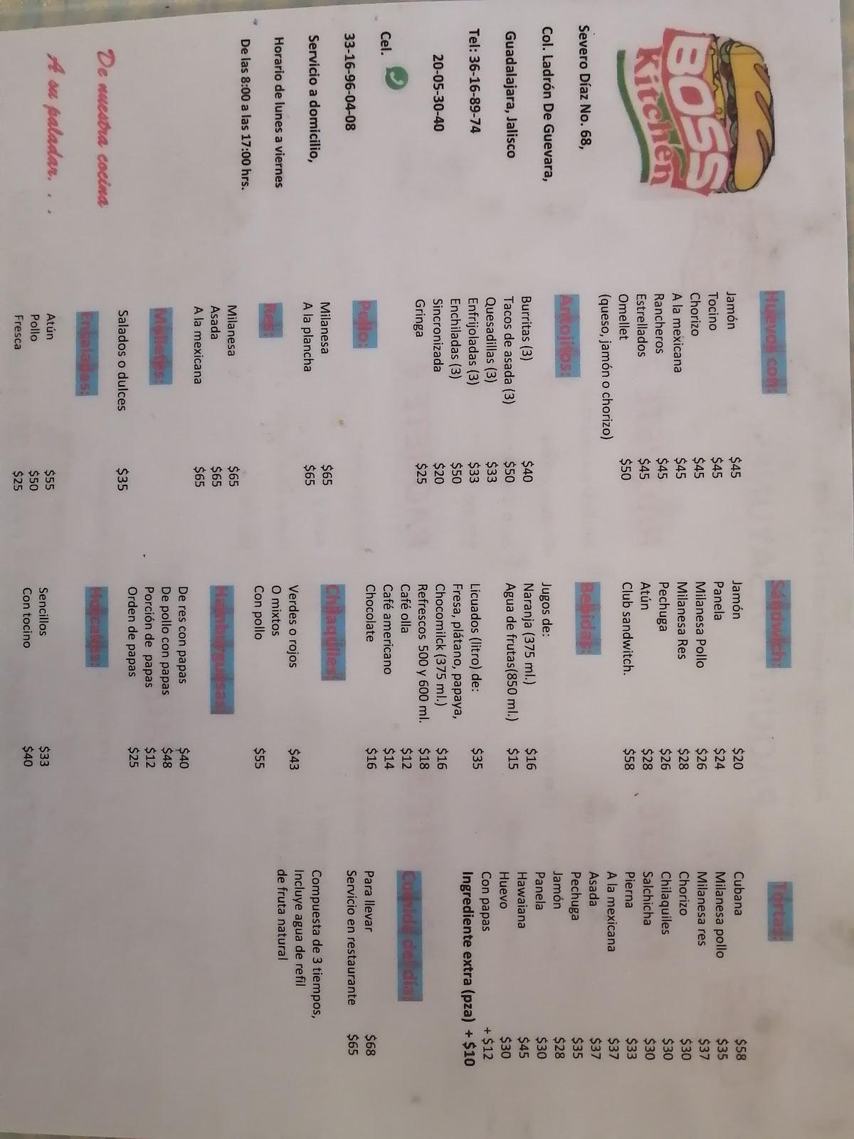 Menu at Boss Kitchen restaurant, Guadalajara