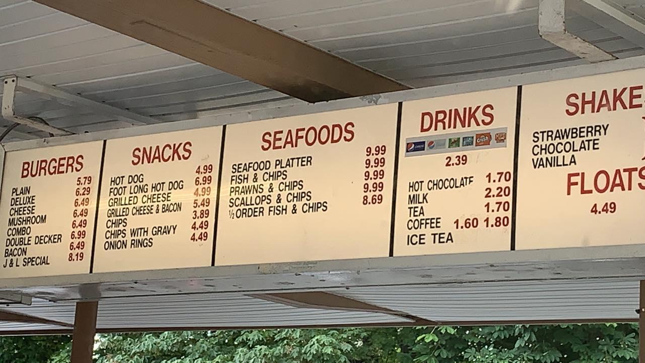 Menu at J & L Drive-In fast food, Port Alberni