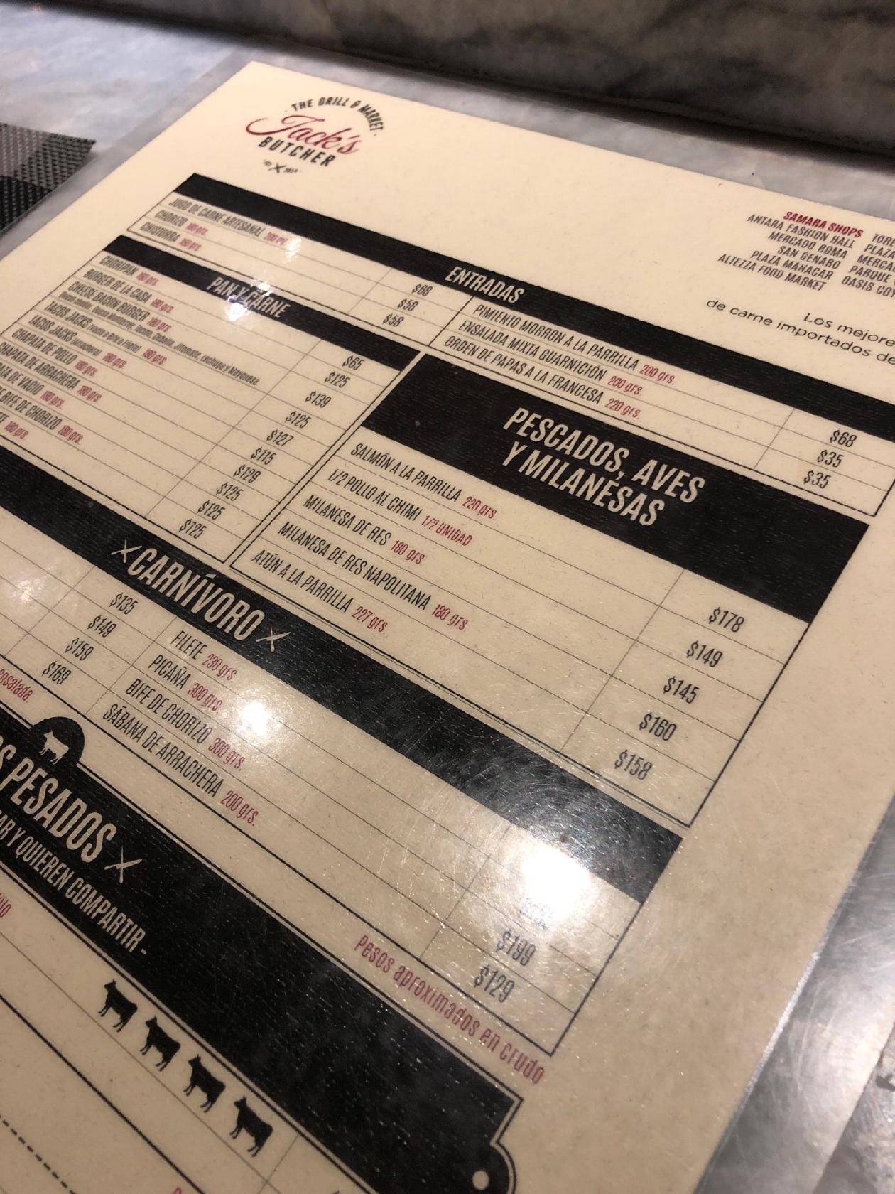 Carta del restaurante Jack's The Butcher, Ciudad López Mateos, Av. Santa Fe