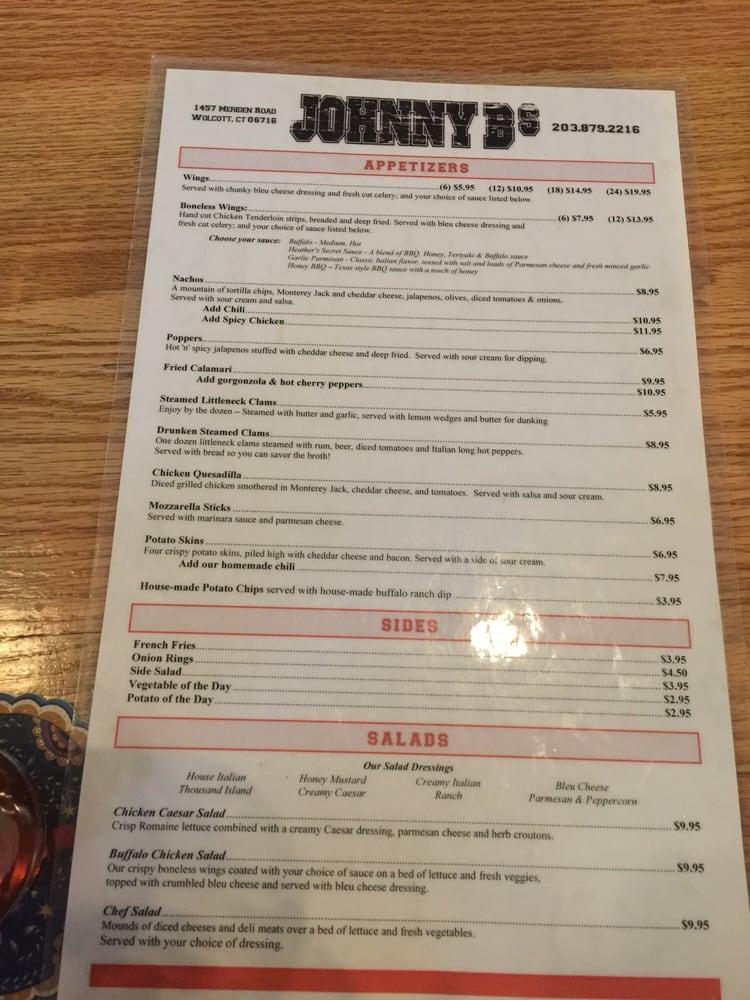 Menu at Johnny B's Roadside Saloon pub & bar, Wolcott