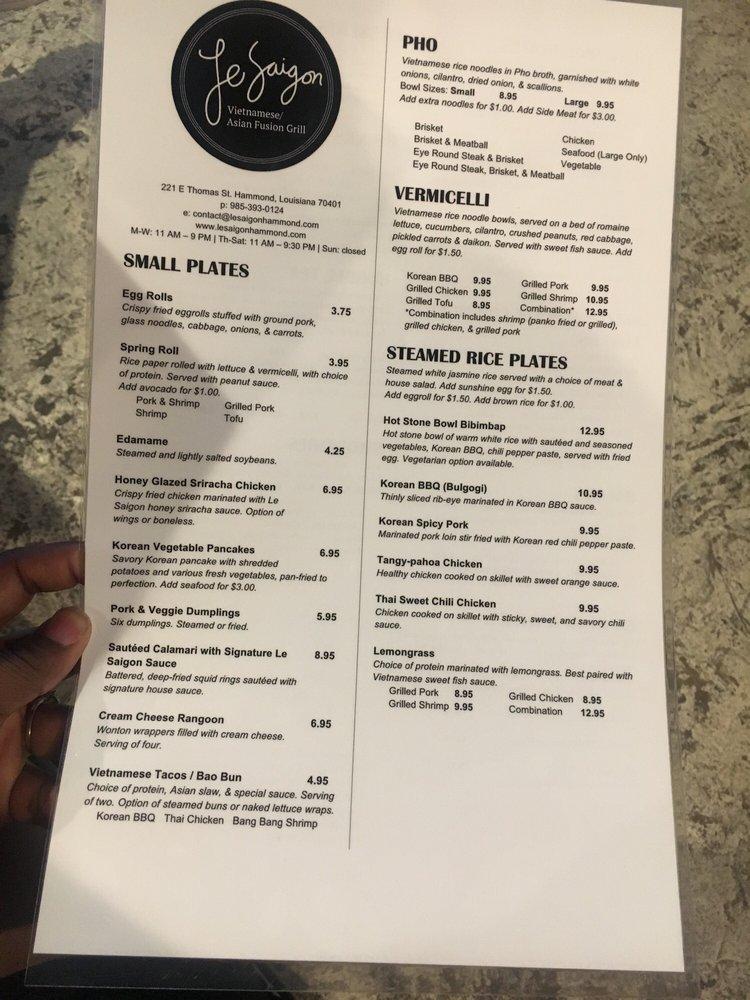 Menu at Le Saigon restaurant, Hammond