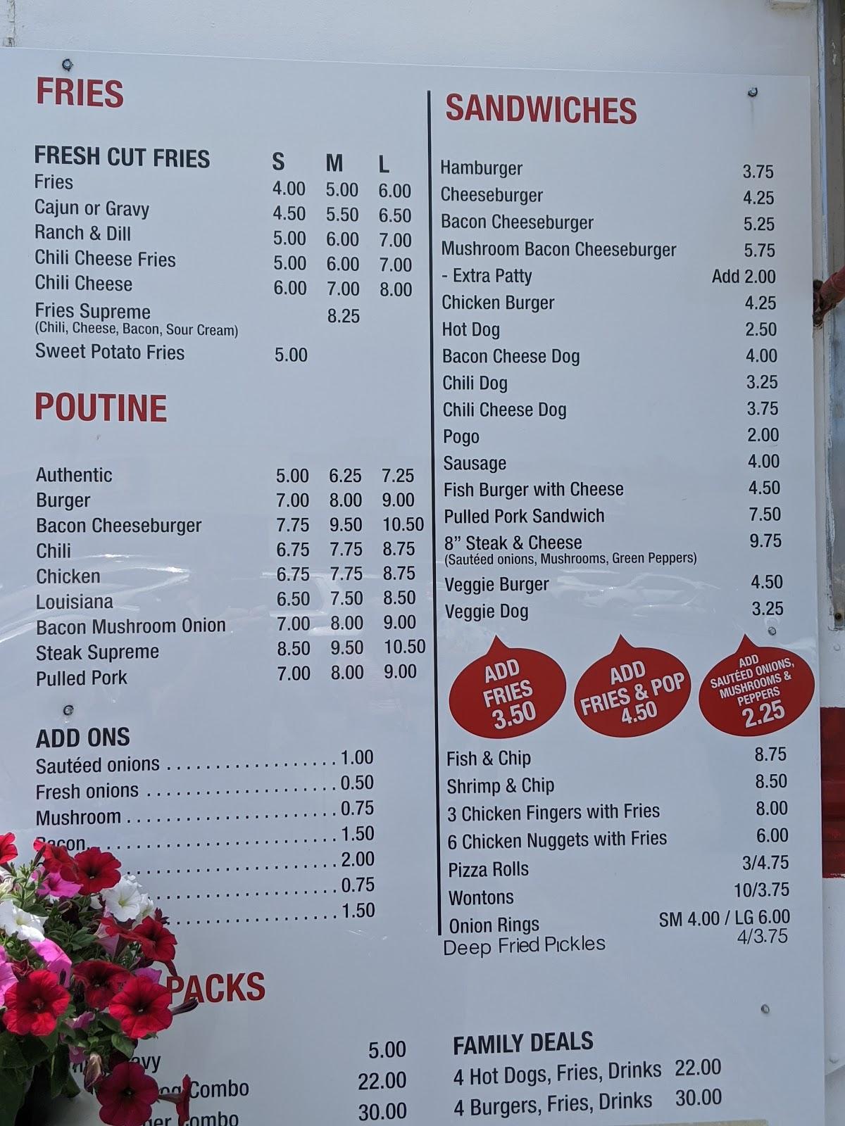 Menu at Michelle's Fries restaurant, Niagara Falls, Morrison St