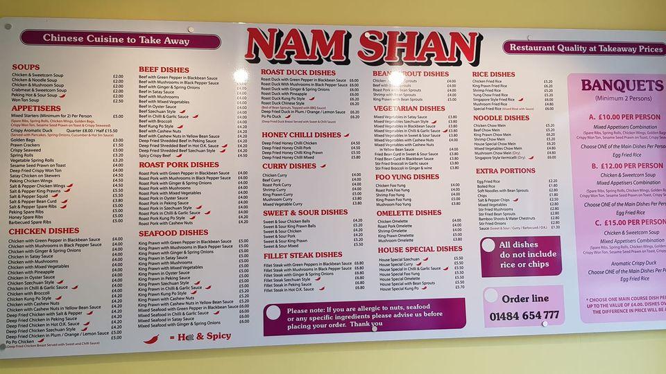 Menu at Nam Shan restaurant, Huddersfield, 277 Blackmoorfoot Rd
