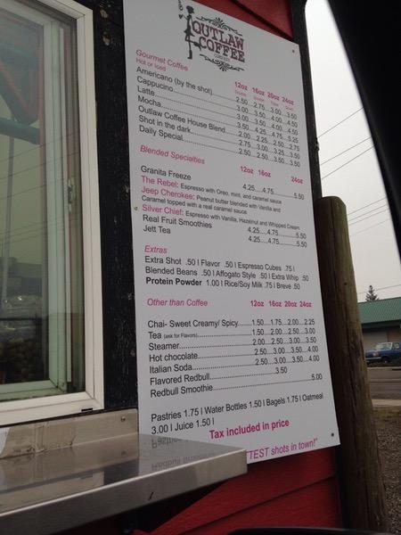 Menu at Outlaw Coffee, Washougal