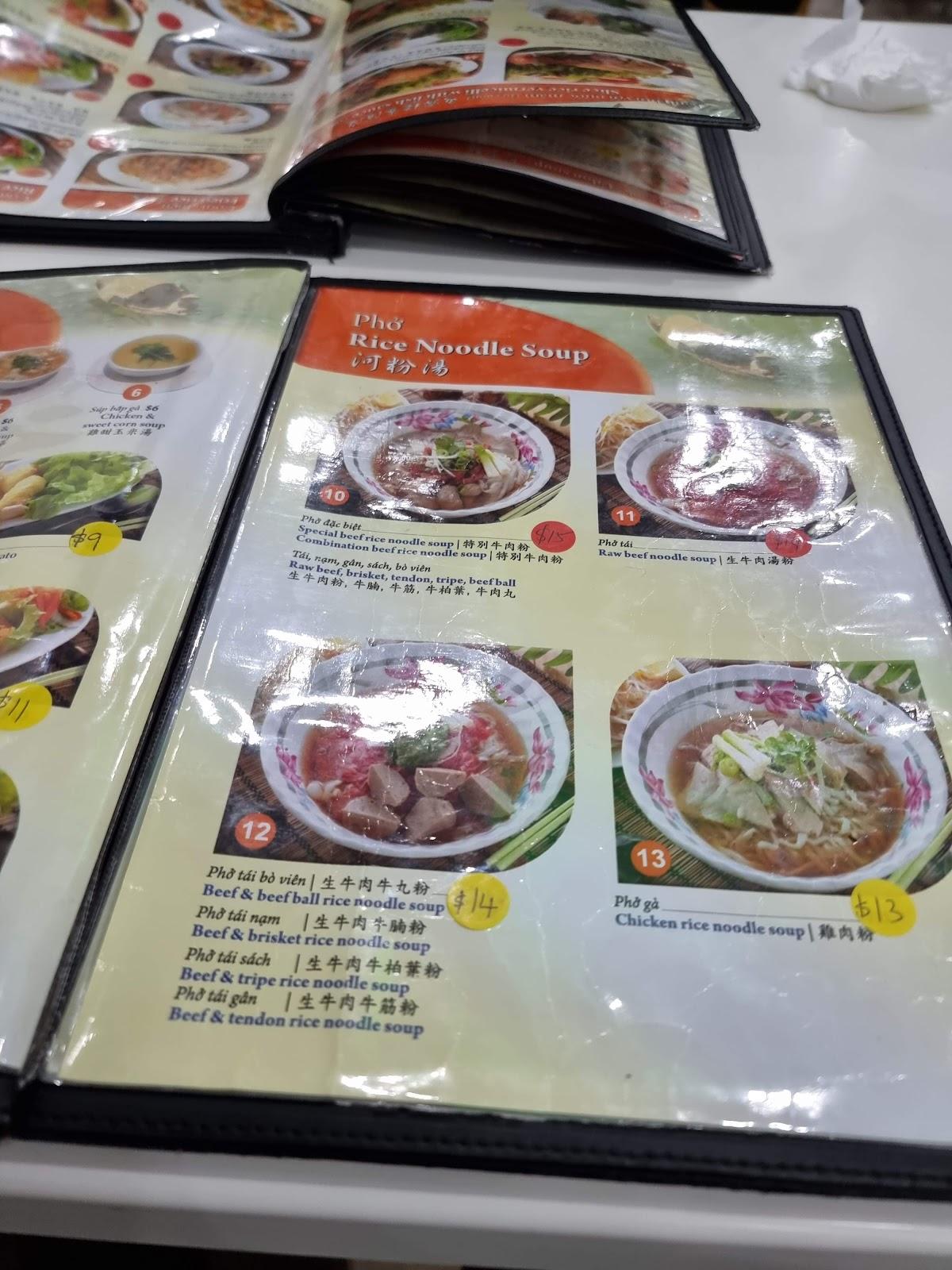 Menu at Pho Song Huong restaurant, Riverwood