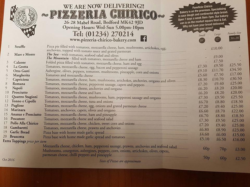 Menu at pizzeria chirico, Bedford