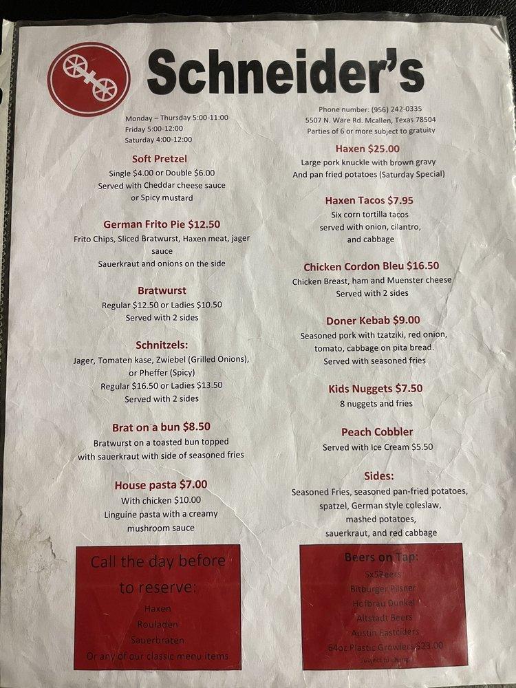 Menu at Schneider's Restaurant and Beer Garden, McAllen