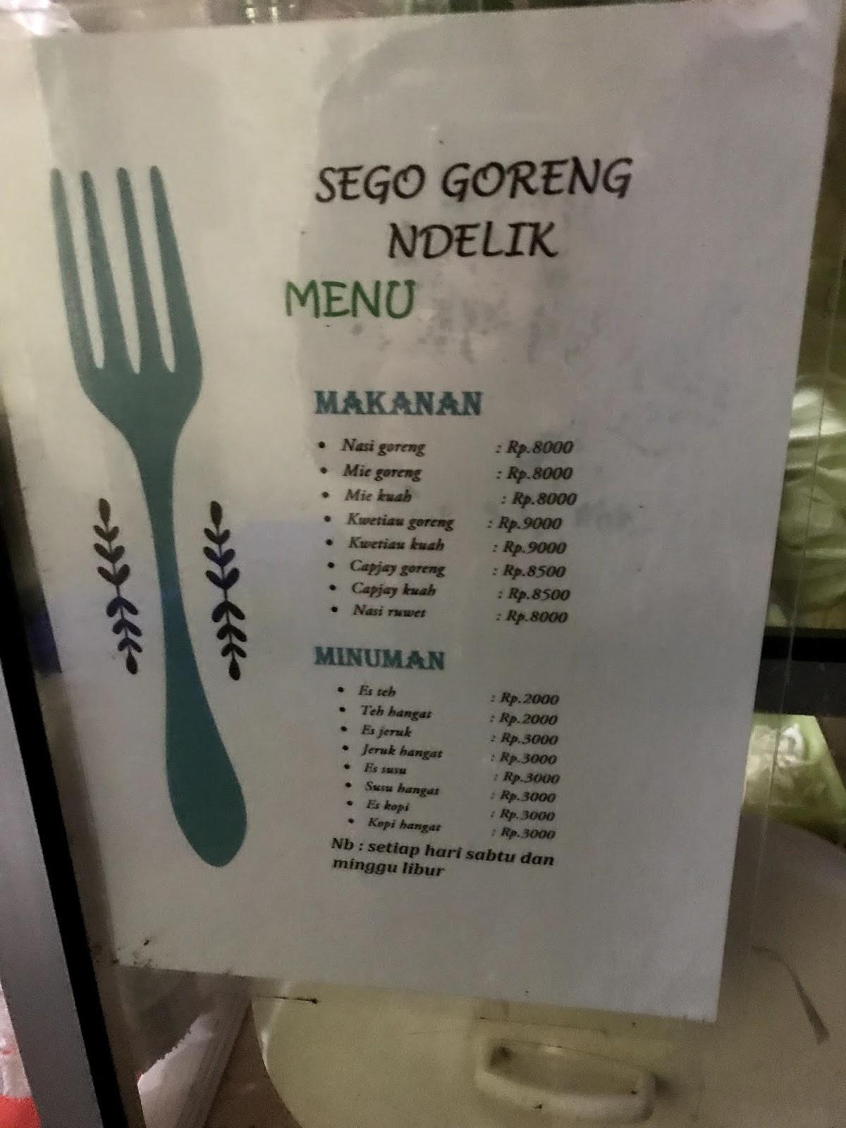 Menu at Sego Goreng Ndelik restaurant, Semarang
