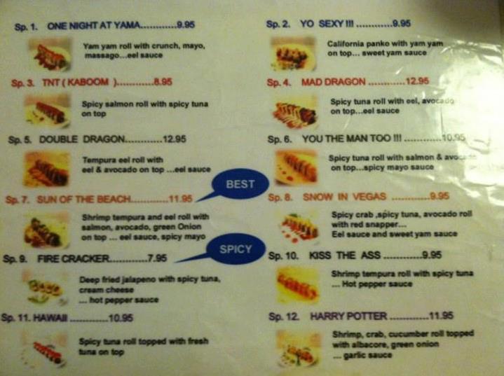 Menu at Yama Sushi restaurant, Las Vegas, E Flamingo Rd #18