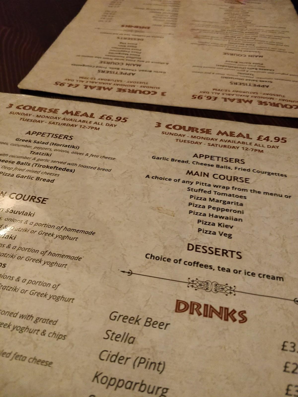 Menu at Yannis Greek restaurant, Lanchester