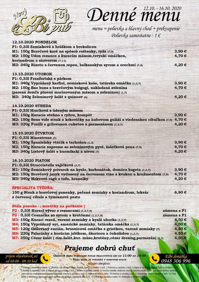 Menu at Restauracia ElbiPub, Slovakia