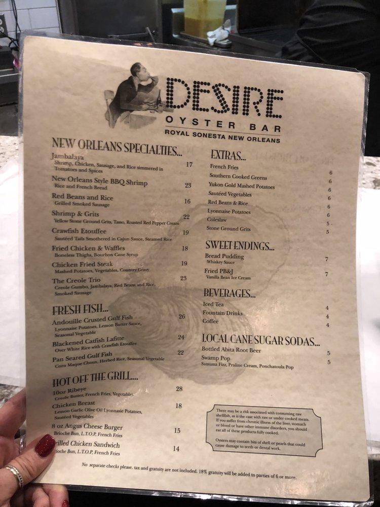 Menu at Desire Oyster Bar, New Orleans