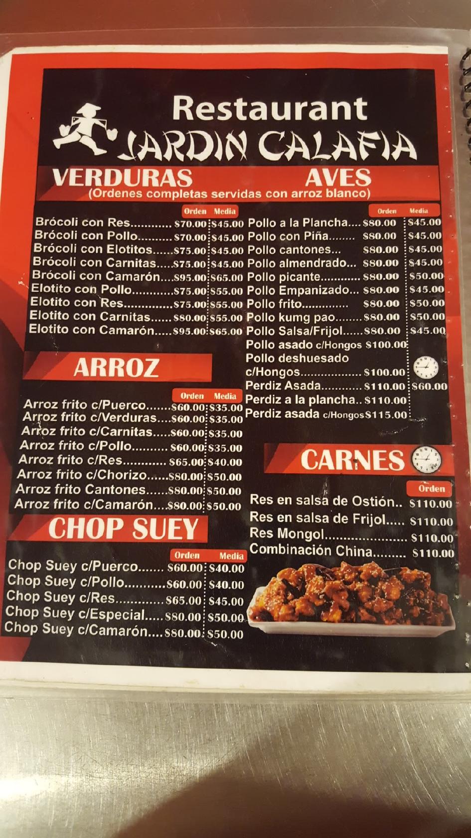 Carta de Jardin Calafia Restaurant Comida China, Mexicali