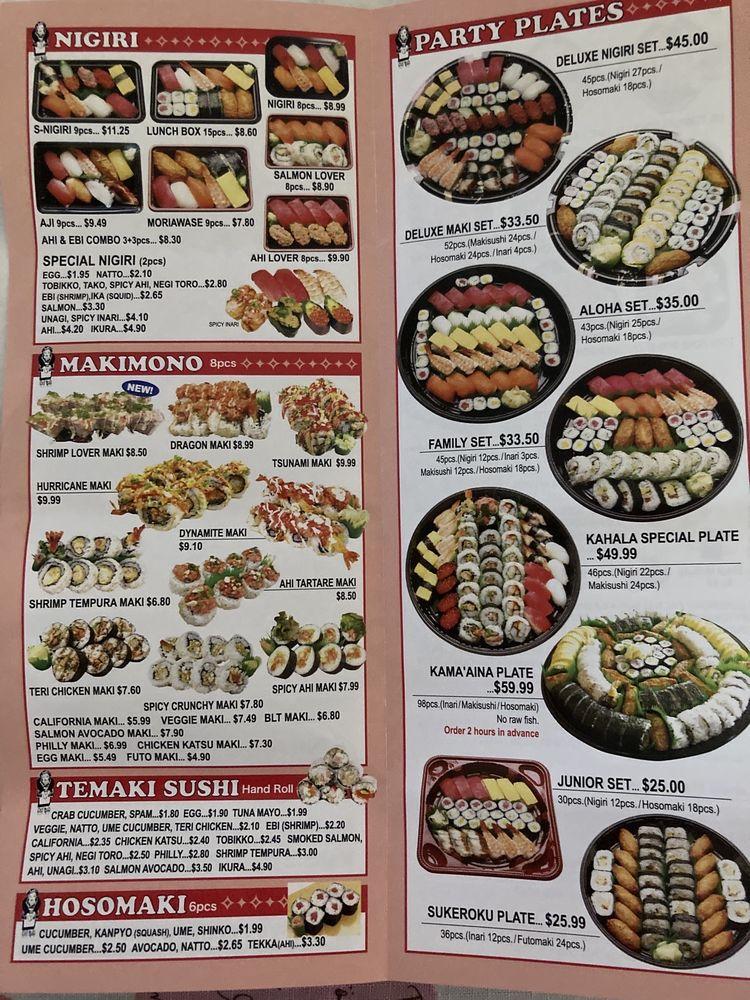 Menu at Kozo Sushi restaurant, Honolulu, S King St