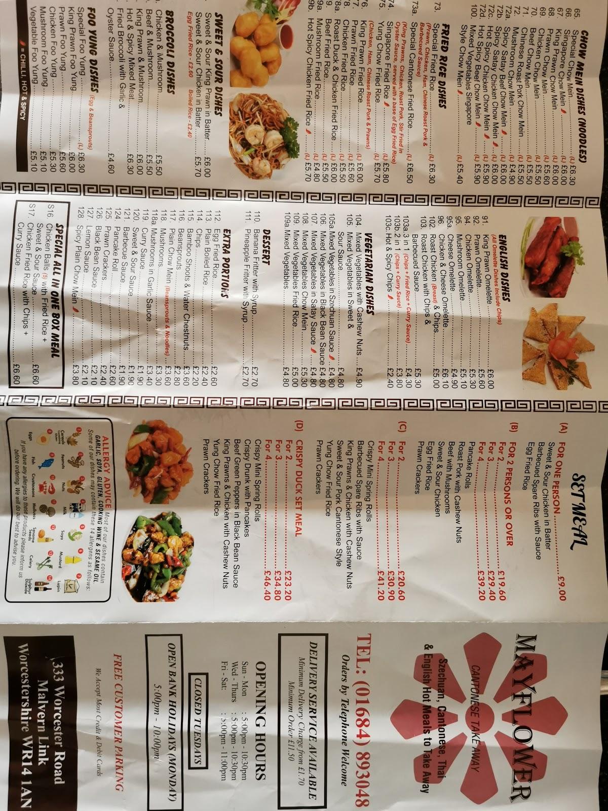 Menu at Mayflower restaurant, Malvern
