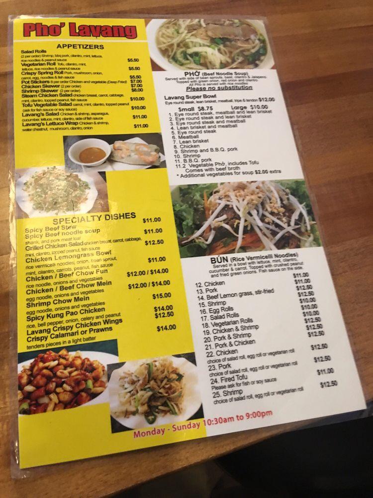 Menu at Phở Lavang Vietnamese Restaurant, Lake Oswego